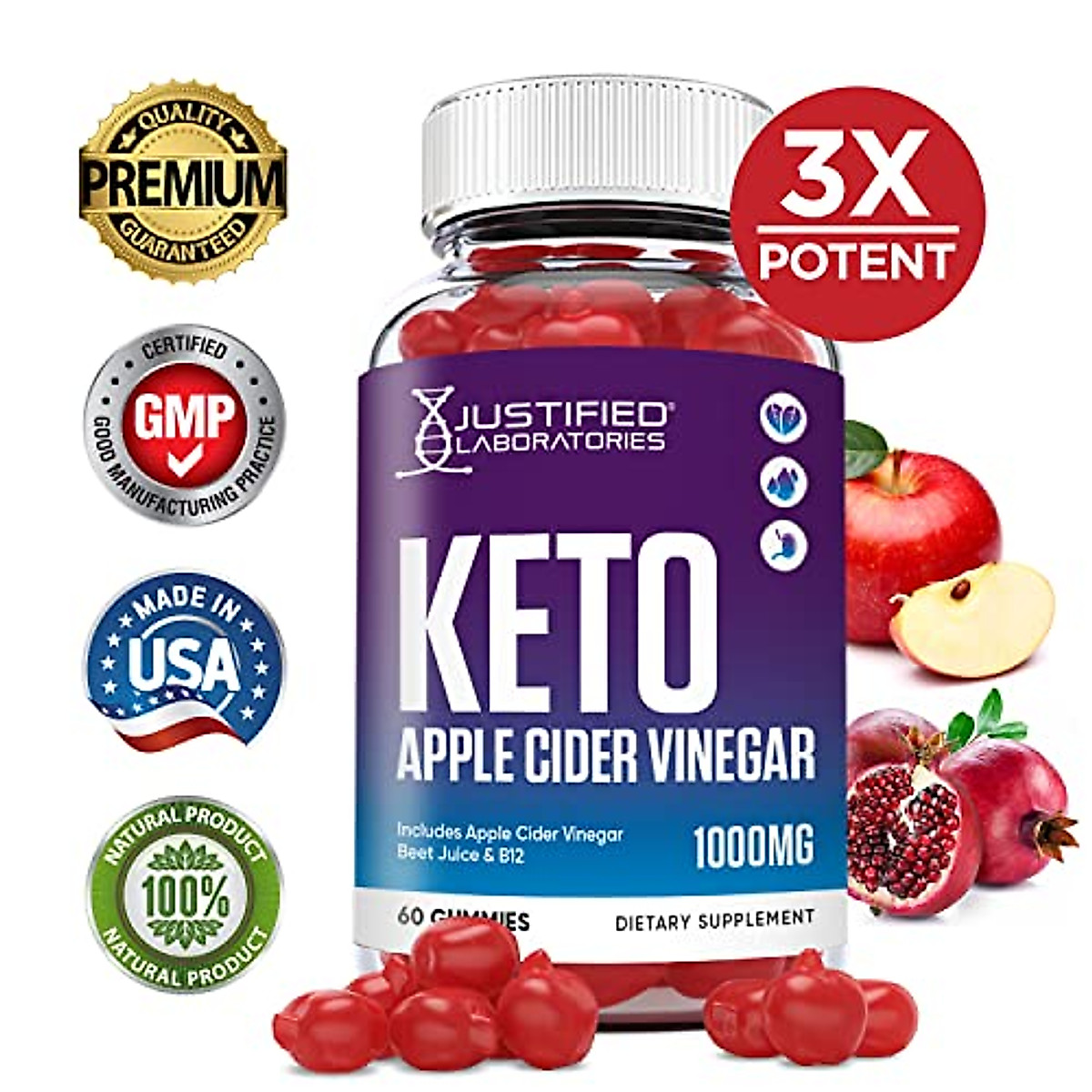 Justified Laboratories (3 Pack) Keto Apple Cider Vinegar Gummies 1000MG ACV Made from The Mother with Pomegranate Juice Beet Root B12 180 Gummys