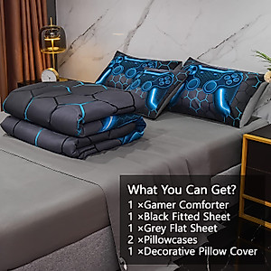 Keyroal 6Pcs Game Console Comforter Set with Sheets for Boys Girls Kids Teens, Geometric Gaming Themed Bed in A Bag Full Size, Blue 3D Video Gamer Controller Bedroom Decor Bedding Set