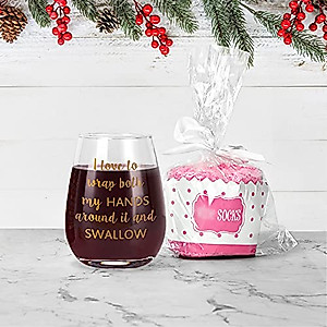 I Love Wrap Both My Hands Around It and Swallow It Stemless Wine Glass with Cupcake Wine Socks and Bottle Opener - Funny Wine Glass Gift for Women, Friends, Sisters, Girls, Wine Lover, Mom 15Oz