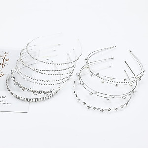 Lawie 8 Pack Sparkly Rhinestone Pearl Silver Metal Headbands,Double Slim Skinny Wire Hair Bands,Decorative Cross Hair Bands Accessories,Crown Tiara Hair Holder Fancy Hairbands for Women Girls