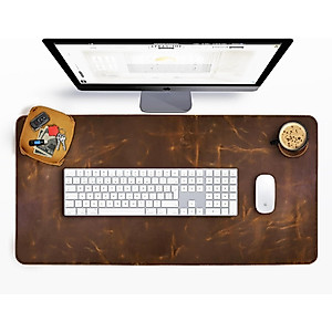 ELIZO Real Leather Desk Mat Set (32x16) Large Desk Cover Blotter Protector Computer Gaming Mouse Pad Table Laptop Office Desktop Accessories Antique 2mm