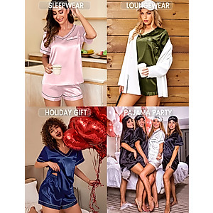 Ekouaer Silk Pajama for Women Short Sleeve Satin Pj Set Two Piece Soft Sleepwear Loungewear Casual Pjs for Summer Champagne Medium