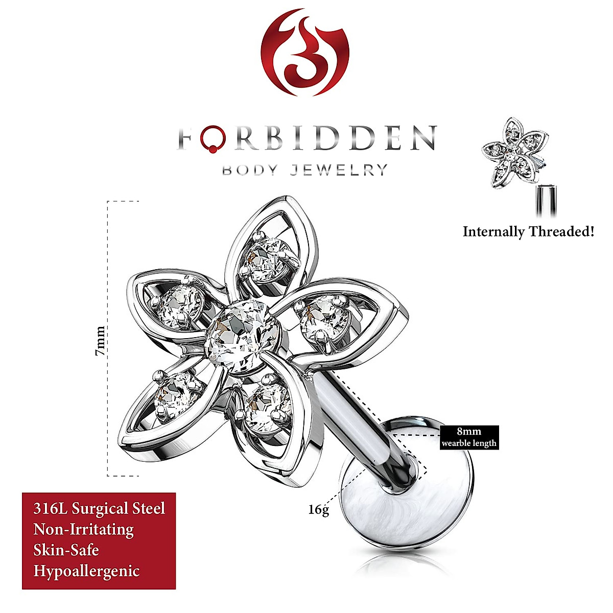 Forbidden Body Jewelry 16G Surgical Steel Stud Earrings Helix Tragus Cartilage Earrings CZ Flower Top- 8mm/Clear