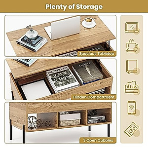 Tangkula Lift Top Coffee Table with Metal Legs, Rising Center Table w/Hidden Compartment & 3 Open Cubbies, Multifunctional Wood Dining Working Table for Living Room Reception Room (Natural)