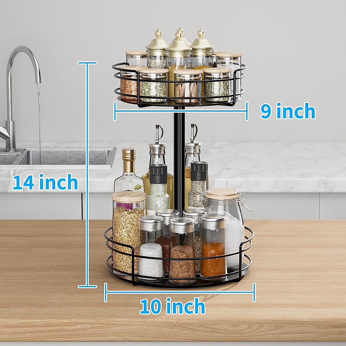 Lazy Susan Organizer Metal Steel Turntable, BOIVSHI 2 Tier Lazy Susan Spice Rack Organizer for Kitchen Cabinet, Table, Pantry, Bathroom, 10 Inch Black
