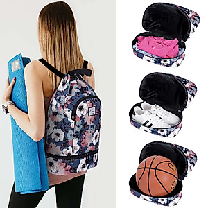 Kamo Drawstring Backpack Bag - Sport Swimming Yoga Backpack with Shoe Compartment, Two Water Bottle Holder for Men Women Large String Backpack Athletic Sackpack for Travel