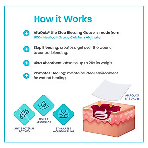 AllaQuix Lite Stop Bleeding Gauze - Calcium Alginate Wound Dressing (Large 2-inch Square) First Aid Hemostatic Gauze (Blood Clotting Bandage) - Box of 20