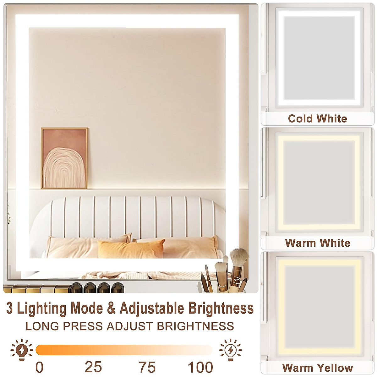 Wakefit Vanity Desk with Mirror and Lights, 42'' Makeup Vanity with Power Outlet, Makeup Table with Drawers and Cabinet, 3 Lighting Modes Adjustable Brightness, for Bedroom, Dressing Room, White