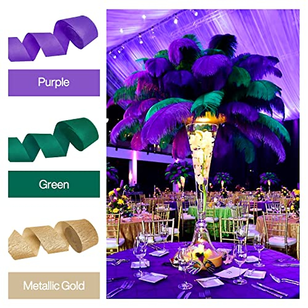 PartyWoo Purple Green Gold Balloons 50 pcs and Crepe Paper Streamers 6 Rolls
