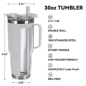 30oz Tumbler with Handle, Insulated Leak Proof Coffee Travel Mug with Straw Lid Double Wall Stainless Steel Vacuum Tumblers Metal Cup Keep Hot and Iced Drink for Gym, Office, Camping, White 1 Pack