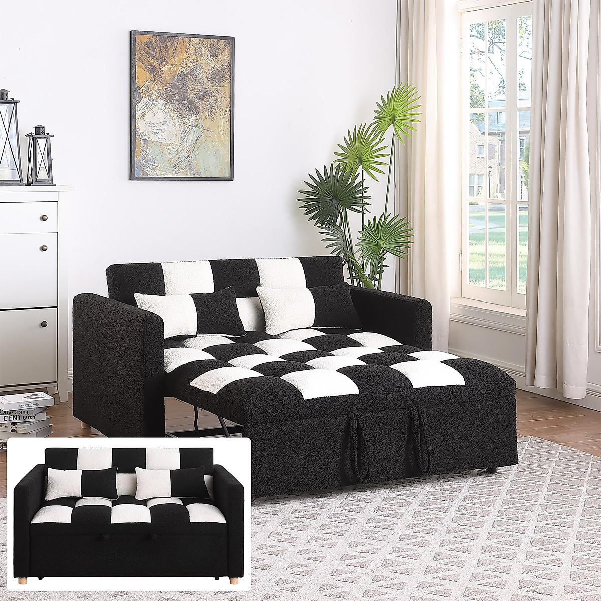 YESER Twin Sofa Bed, Sleeper Sofa Couch with Pullout Bed, Teddy Fabric Sleeper Chair Lounge Sofa, Adjustable Pull Out Couch Home Sofa Living Room, Loveseat Sofa 3 in 1convertible Sofa Bed, Black