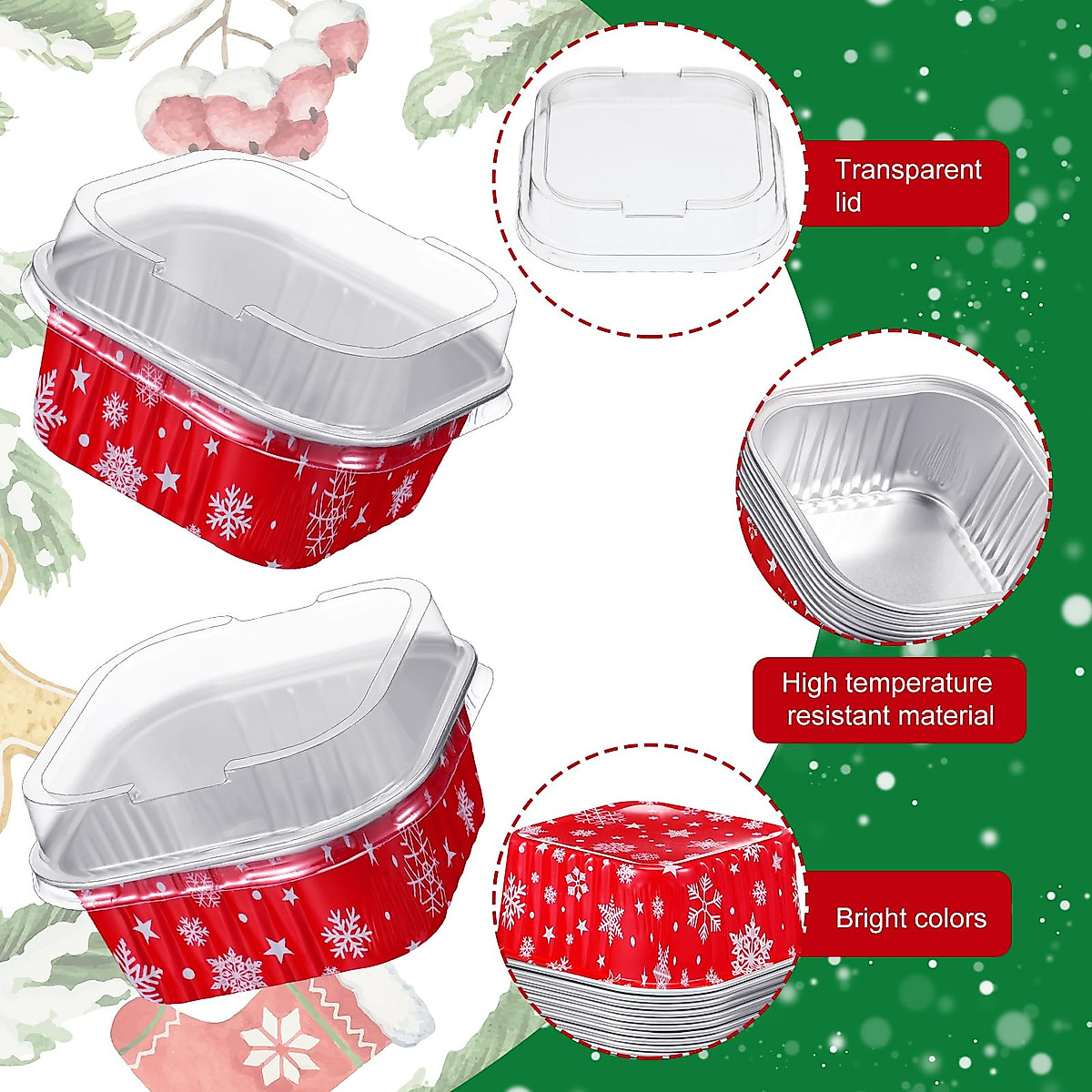 Suttmin 200 Pcs Christmas Baking Cups Foil Pans with Lids 5oz Mini Cake Containers Aluminum Cupcake Liners Square Dessert Cups Xmas Disposable Tin Muffin for Xmas Party(Snowflake)