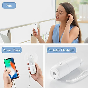 Favoriwere Handheld Mini Fan 3 in 1 Portable Face Fan 3 Speeds with Strong Wind USB Rechargeable for 30 Hours Working Personal Fan with Power Bank and Flashlight Suitable for Outdoor and Indoor White