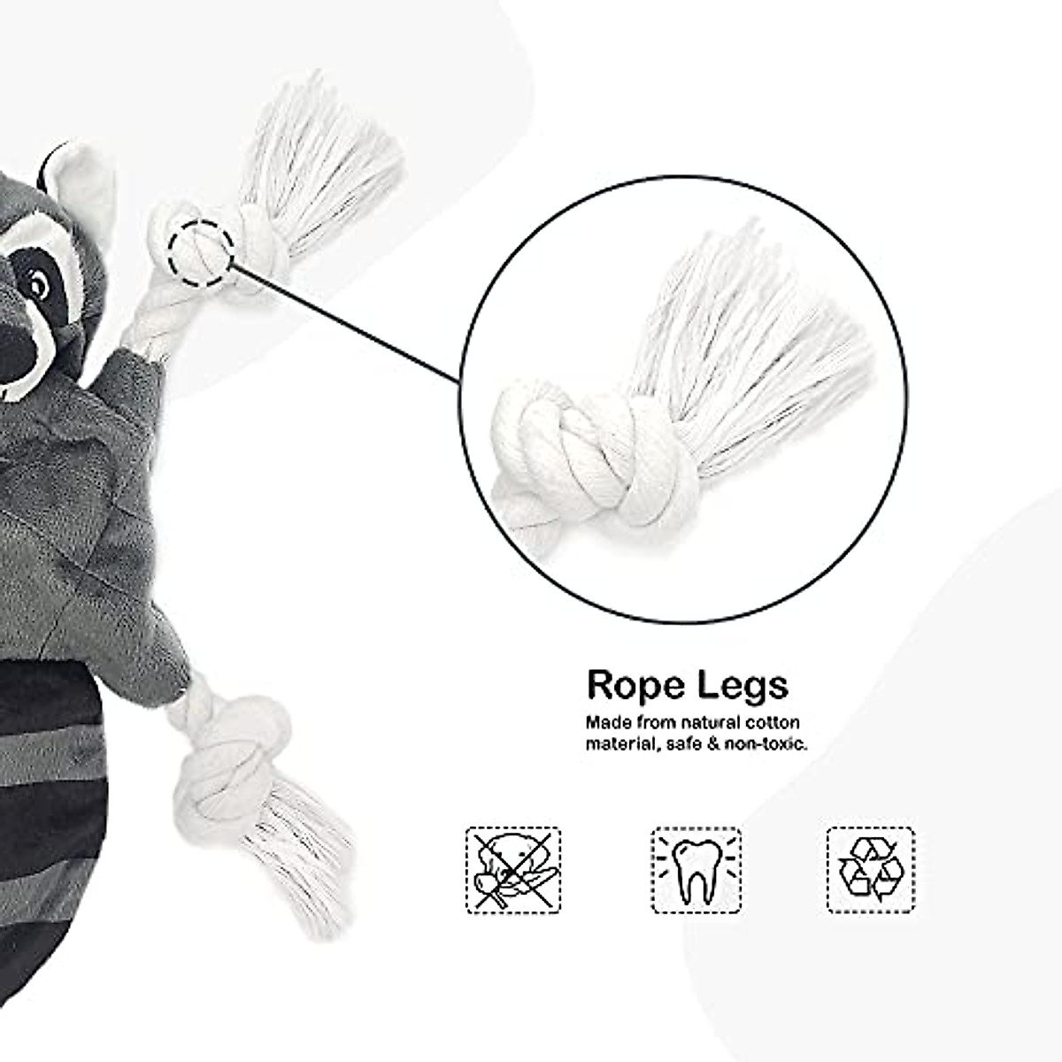 Maestro Pets No Stuffing Dog Toys, Crinkle Dog Toys, 3 in 1 Plush Dog Toys with Rope Legs, Squeakers and Crinkle Paper, Dog Rope Squeaky Toys for Puppies, Small, and Medium Dogs (Raccoon)