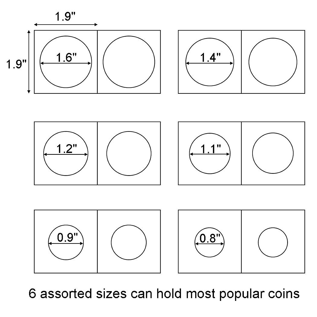 FRIMOONY 300 Cardboard Coin Holders in 6 Assorted Sizes, with 6 Sheets Coin Pocket Pages, for Coin Collection