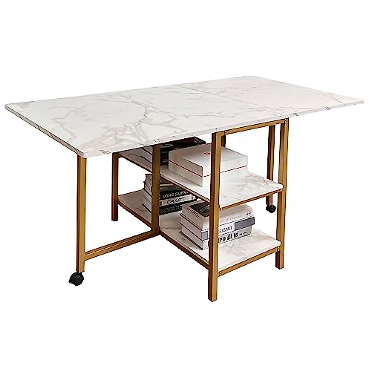 AT-VALY Folding Dining Table with 2 Storage Open Shelf,Drop Leaf Extension Dining Table,Top Folding 15.7" to 55.1" Kitchen Table (Gold)