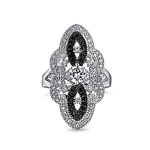 Art Deco Style Black White CZ Filigree Wide Fashion Statement Armor Full Finger Ring For Women Silver Plated Brass