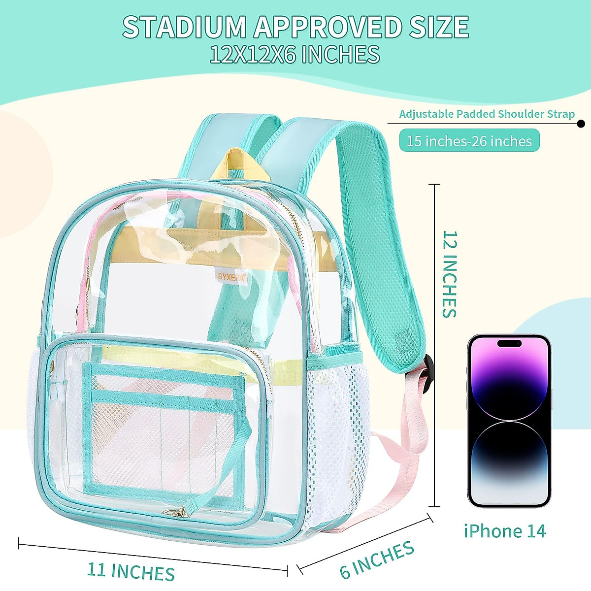 BYXEPA Clear Mini Backpack Stadium Approved Heavy Duty TPU See Through Transparent Backpacks Bookbags with Reinforced Strap for Girls Women Concerts and Sporting Event, Work, School, Security- 12*12*6in Lavender