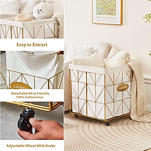 Wimarsbon Laundry Baskets,Collapsible Laundry Basket with Wheels,Removable Lined for Easy Cleaning Storage Basket,Sturdy Metal Frame for Clothes Storage for Living Room (210L-LD-Gold)