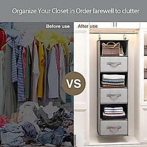 MONINXS Hanging Closet Organizer 6-Shelf, Hanging Shelves for Closet with 3 Divisible Drawers & Side Pocket, Linen, 11.4''W x 12''D x 43.3''H, Grey