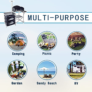 CampLand Folding Cooking Table Outdoor Portable Cook Station Aluminum Camping Kitchen with Storage Organizer (Black)