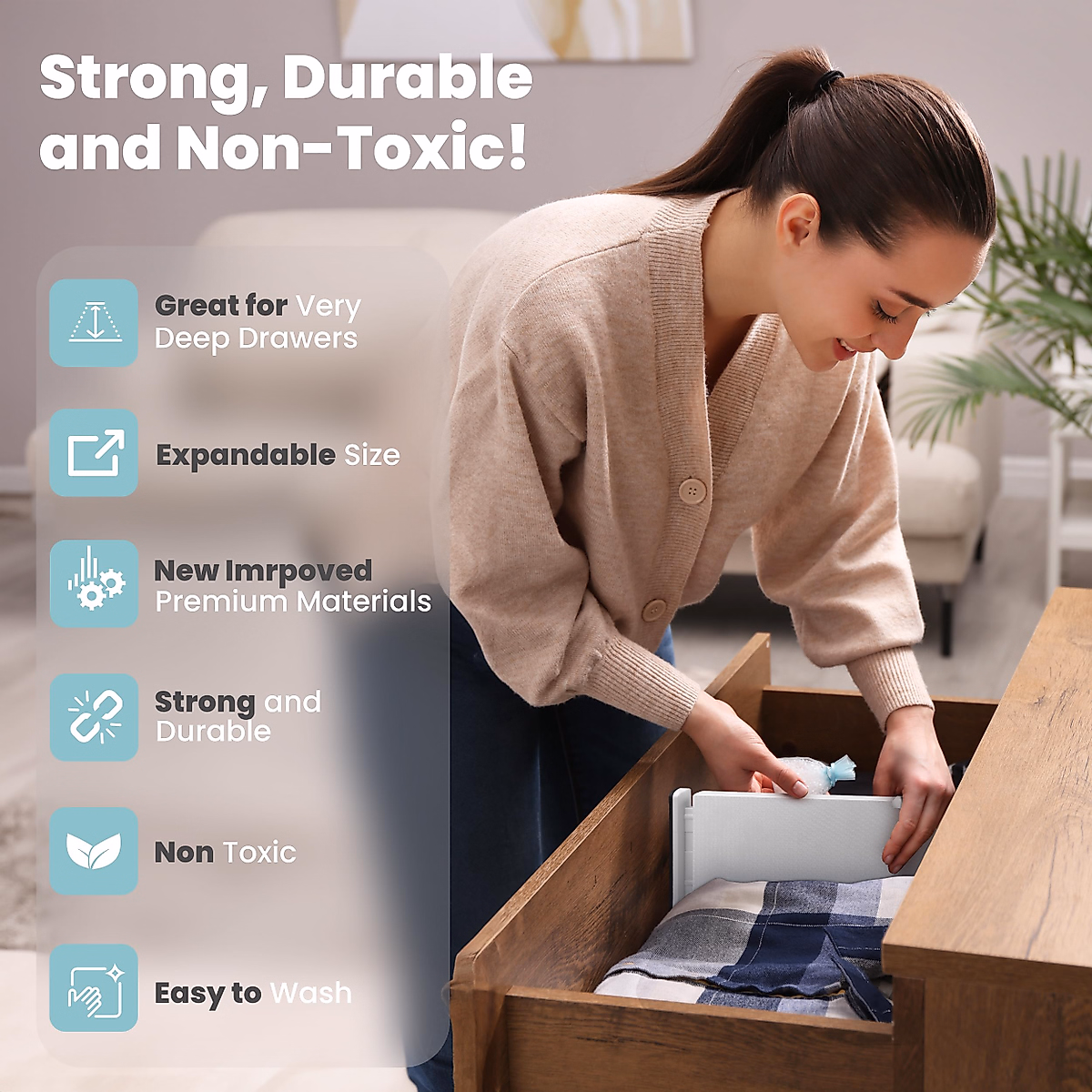 RAPTUROUS 8" Tall Drawer Dividers, 4 Pack, 13-22" Long, Expandable & Adjustable, Strong & Sturdy Non-Slip Dividers for Dresser, Kitchen, and Clothing (White)