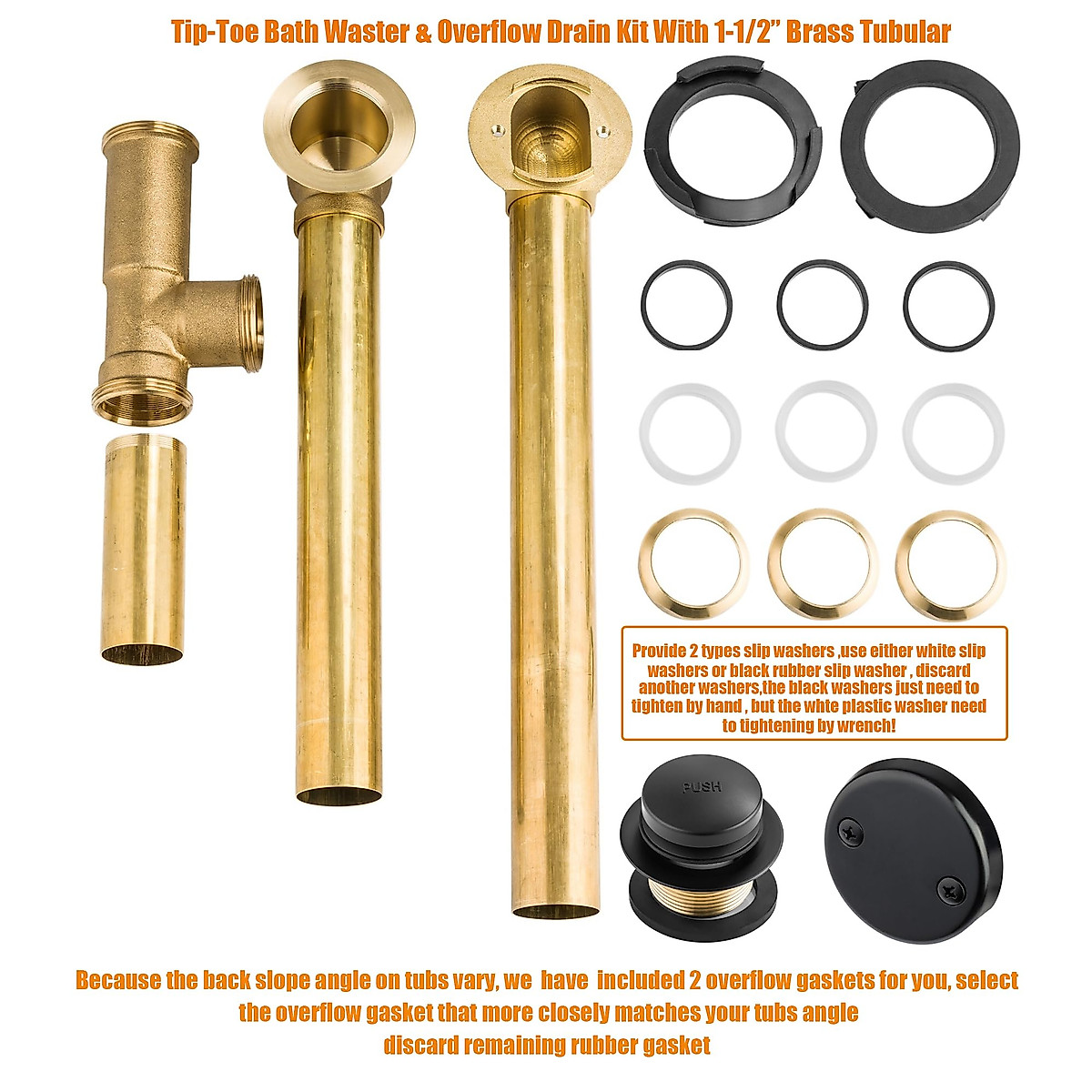 Artiwell 1-1/2" Brass Tubular Bath Drain Kit with Tip-Toe Bath Drain Stopper, Touch-Toe Tub Drain, Tip Toe Bathtub Drain Waste and Overflow with Plug and Bathtub Overflow Drain Cover, Matte Black