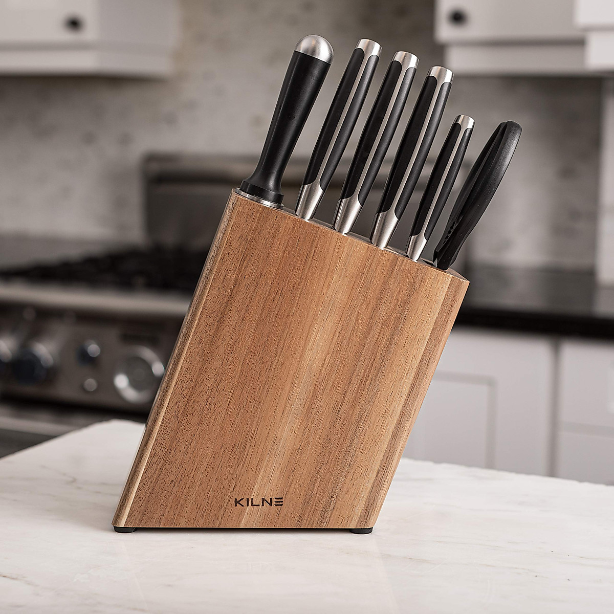 Kilne Knife Set, 6-Piece Kitchen Knife Set With Wood Block, High Grade German Steel with Acacia Wood Block, Black