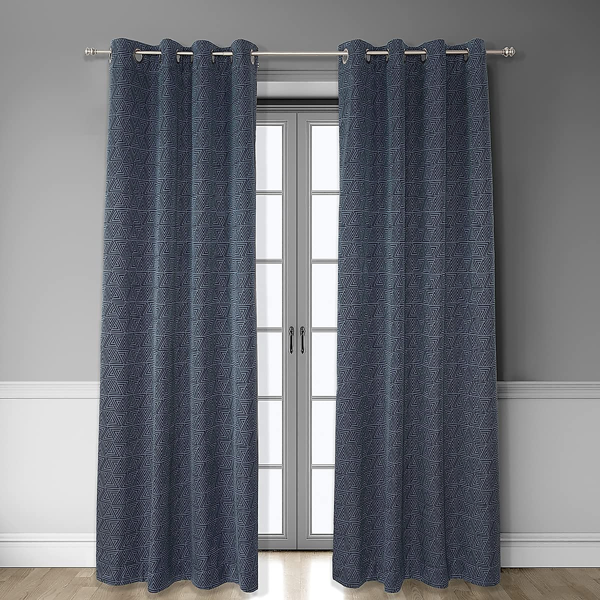 Decoberry Blackout Curtain Set - Includes 2 Blue and Black Triangle Pattern Curtains, Trinity, 52" X 108", 100% Light Blocking and Sound Filtering, Thermal Insulation - Geometric Design with Grommets