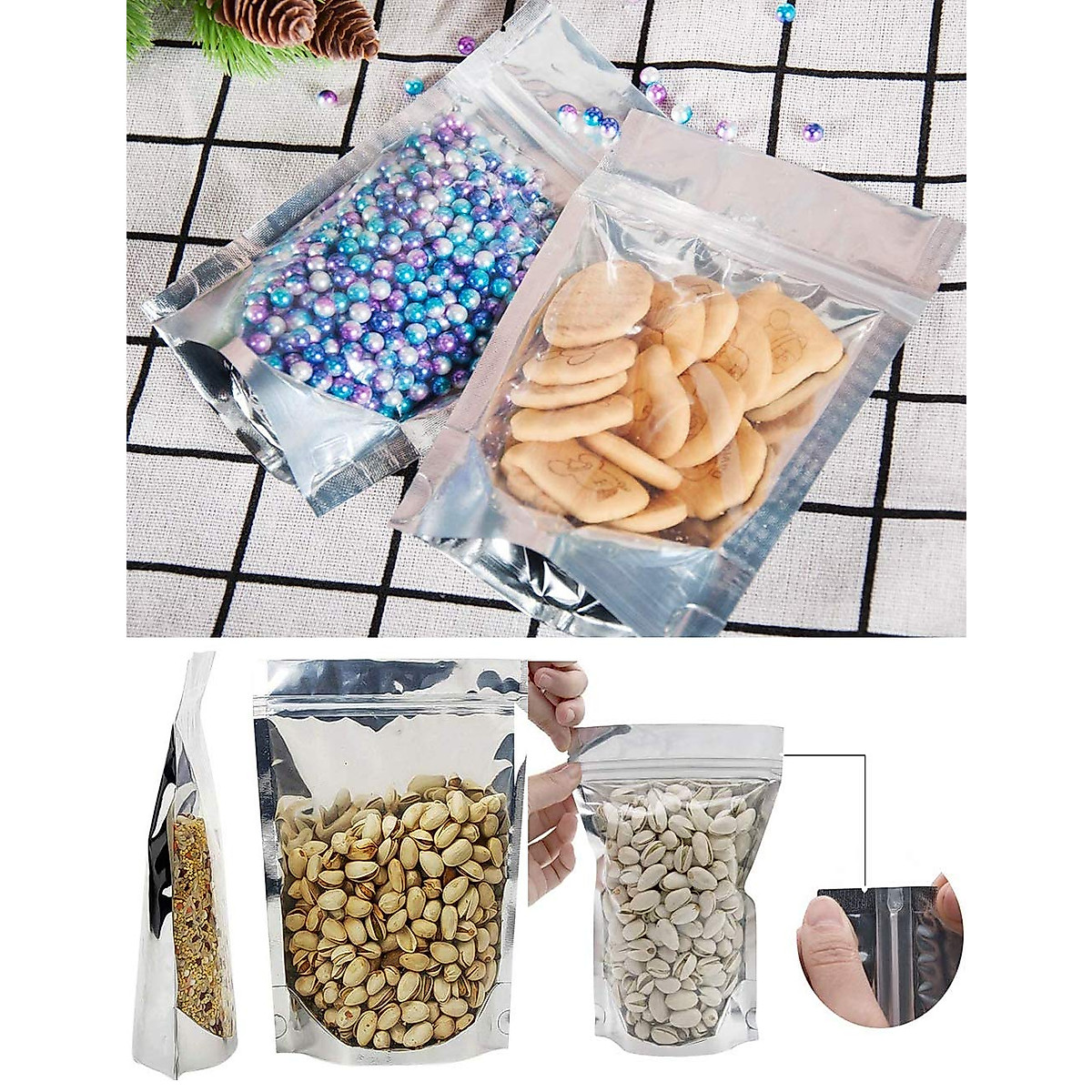 100PCS Candy Bags, 5.5x7.9" Stand Up Aluminum Foil Bags,Smell Proof Bags,Reclosable Airtight Foil Bags,Reusable Food Pouches Bags with Zip Lock,Sealable Treat Bags for Snacks Beans Coffee Dry Fruits