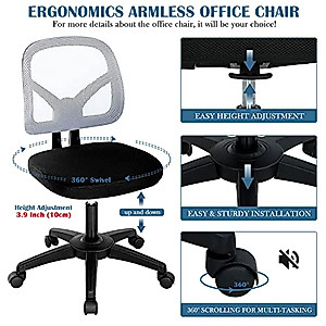 Home Office Chair Ergonomic Desk Chair, Mesh Computer Chair with Wheels, Armless Low-Back Task Chair,Executive Rolling Swivel Adjustable Desk Chair for Adults Women Girls(White)