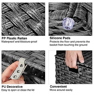 Greenstell Laundry Hamper with Lid, 125L Large Clothes Hamper with 3 Section & 2 Section Removable Liner Bags & 5 Mesh Laundry Bags, Handwoven Synthetic Rattan Divided Laundry Basket, Gray