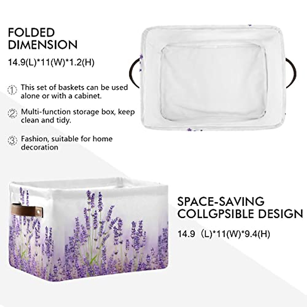 KEEPREAL Lavender Flowers Storage Basket Bin, Large Cube Storage Box Canvas Collapsible Storage Organizer for Home Office Closet - 15 L x 11 W x 9.5 H