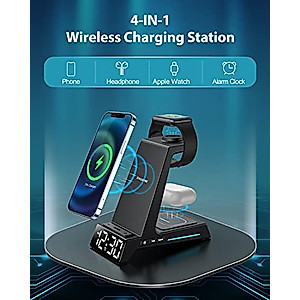 Wireless Charging Station - 4 in 1 Wireless Charger with Alarm Clock, Charging Stand Dock for iPhone 15/14/13/12/11/Pro/Max/XR/XS/X/Samsung Phone, for AirPods Pro/3/2, Apple Watch 9/8/7/6/5/SE/4/3/2