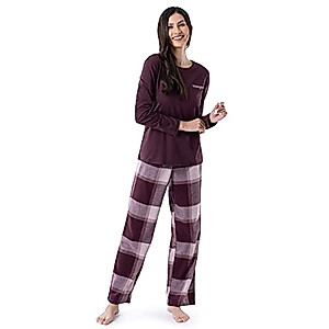 Wrangler Women's Jersey Top and Flannel Pant Sleep Pajama Set, Wine/Plaid, X-Large