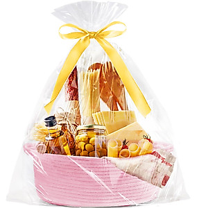 GiftExpress Pink Woven Gift Basket, Clear Cellophane Bag & Ribbon - 13" x 8" x 5" Cotton Rope Empty Decorative Gifting Basket - Cute Soft Organizing Raffle Storage Bin w/ Handles