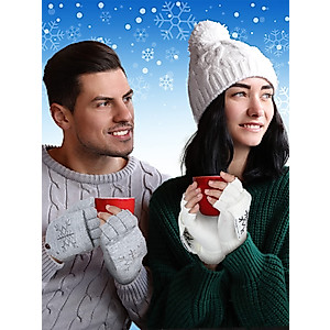 4 Pairs Women Knitted Winter Fingerless Gloves Thermal Convertible Knit Flip Wool Gloves Warm Half Finger Mittens for Women (White, Black, Gray, Khaki, Snowflake Style)