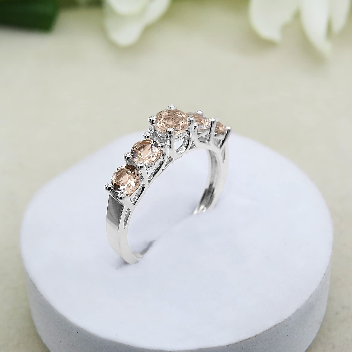 Dazzlingrock Collection 3.8mm Round Morganite 5 Stone Style Wedding Ring Band for Women in 14K White Gold, Size 8