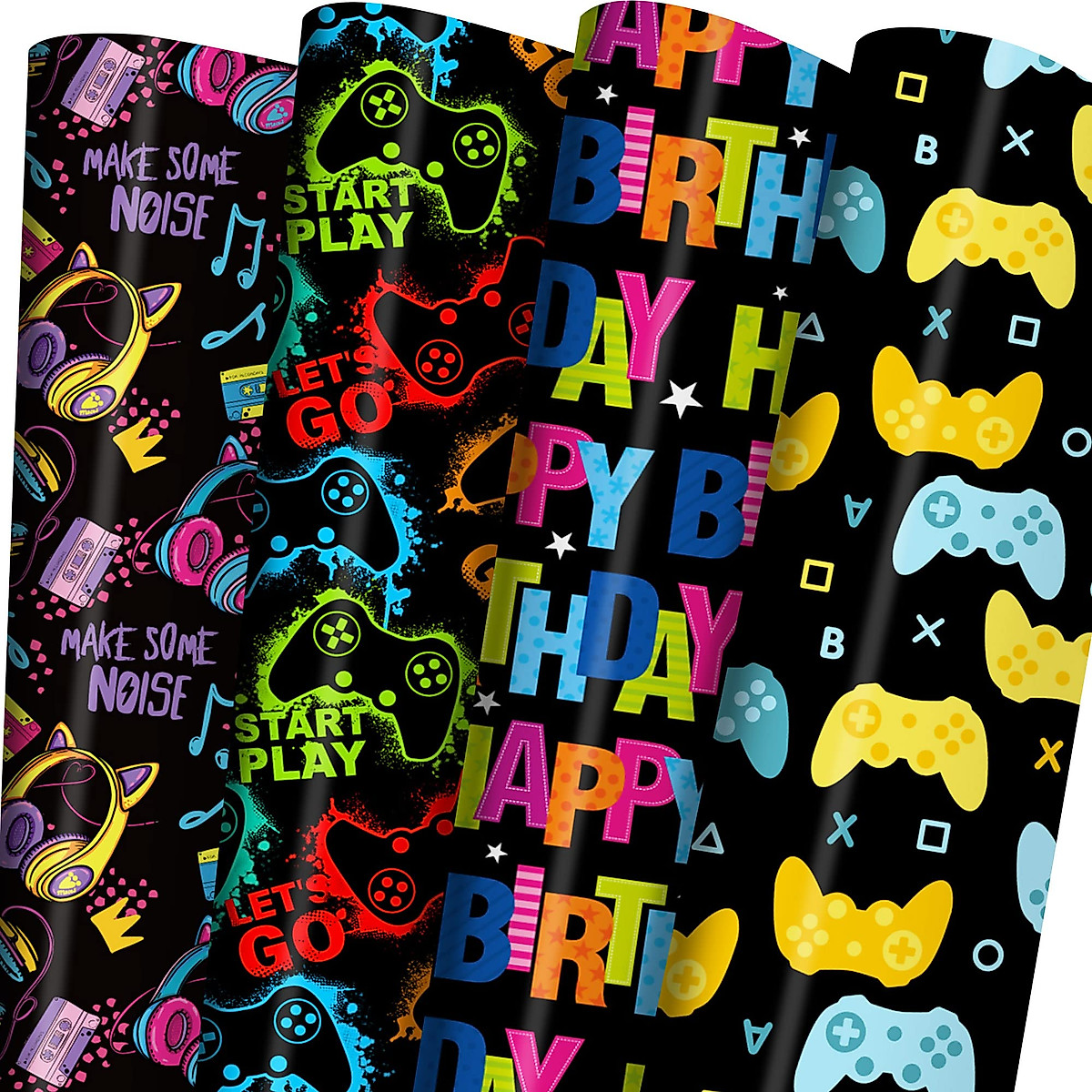 ZINTBIAL Gaming Birthday Wrapping Paper for Boys Girls Kids Baby Shower - Black Gift Wrapping Paper with Colorful Gamepad, Pink Headphones, Happy Birthday - 20 x 29 Inches per Sheet (8 Folded Sheets), Recyclable, Easy to Store, Not Rolled