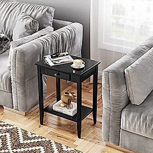 IDEALHOUSE Black End Table with Drawer, Side Table for Living Room Bedroom, Wood Nightstand with Shelf, 2-Tier Storage Bedside Table Accent Table Small Table for Small Places