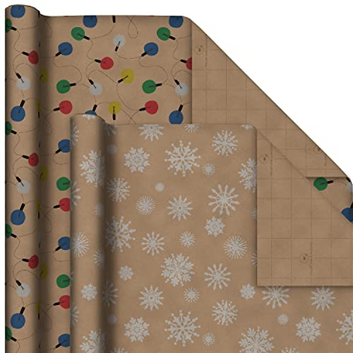 Hallmark Recyclable Christmas Wrapping Paper for Kids with Cut Lines on Reverse (4 Rolls: 88 sq. ft. ttl) Kraft Brown with Christmas Lights, Deer, Snowflakes, Red, Green, Blue Stripes