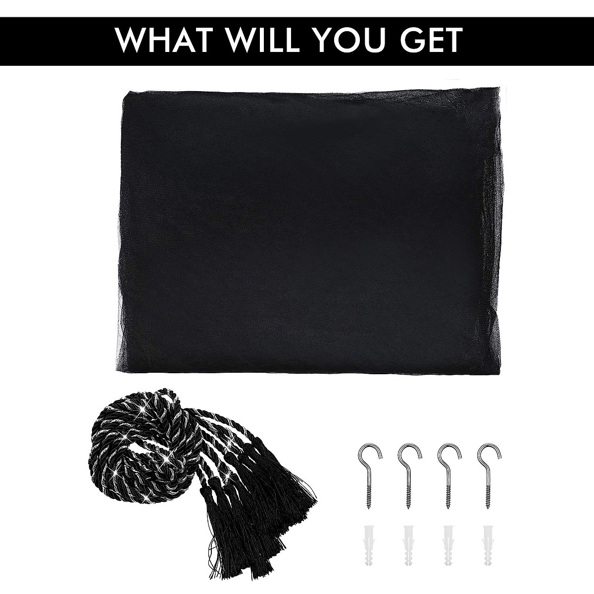 4 Corner Post Mosquito Net Canopy Bed Curtains Large Mosquito Netting Bedroom Princess Decoration Canopy Curtains with 4 Pieces Tassel Hanging Pendants for Full Queen King Size Bed (Black)