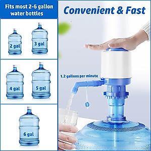 Blue Portable Manual Water Pump for 5 Gallon Bottle, Water Jug Dispenser Bottle Pump Drinking Water Pump with an Extra Short Tube and Cap, Hand Press Water Cooler Dispenser for 2-6 Gallon