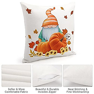 Gnome Pumpkins Sunflowers Decorative Throw Pillow Harvestss Thanksgiving Halloween Autumn Decor Burlap Soft Modern Pillow Shams for Home Sofa Couch Decoration with Zipper Closure 18x18