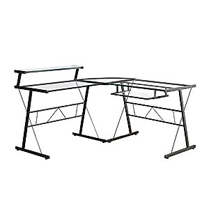 Monarch Specialties Computer Desk L-Shaped Corner Workstation Tempered Glass Top with Shelf Keyboard Trey-Metal Legs, 57" L, Black Frame