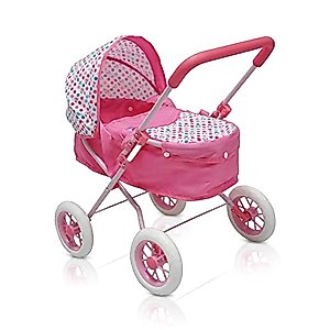 KOOKAMUNGA KIDS Baby Doll Stroller - Realistic 2 in 1 Baby Stroller for Dolls w/Detachable Bassinet – Toy Pram w/Carry Cot, Retractable Canopy & Soft Grip Handle - for Dolls up to 18" - Pink