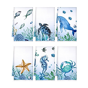 Bencailor 6 Pcs Sea Kitchen Towels Beach Dish Towels Set Turtle Ocean Animal Nautical Hand Towels for Kitchen Decorative Soft Dish Cloths Absorbent Kitchen Tea Towels (Animal Style)