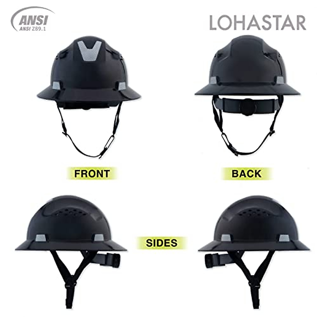 LOHASTAR Full Brim Hard Hat Safety Helmet Vented ANSI Z89.1 Approved OSHA Hard Hats Construction Men Women Adult Cascos De Construccion Type I Class C Hardhats(1 Pack, Black)