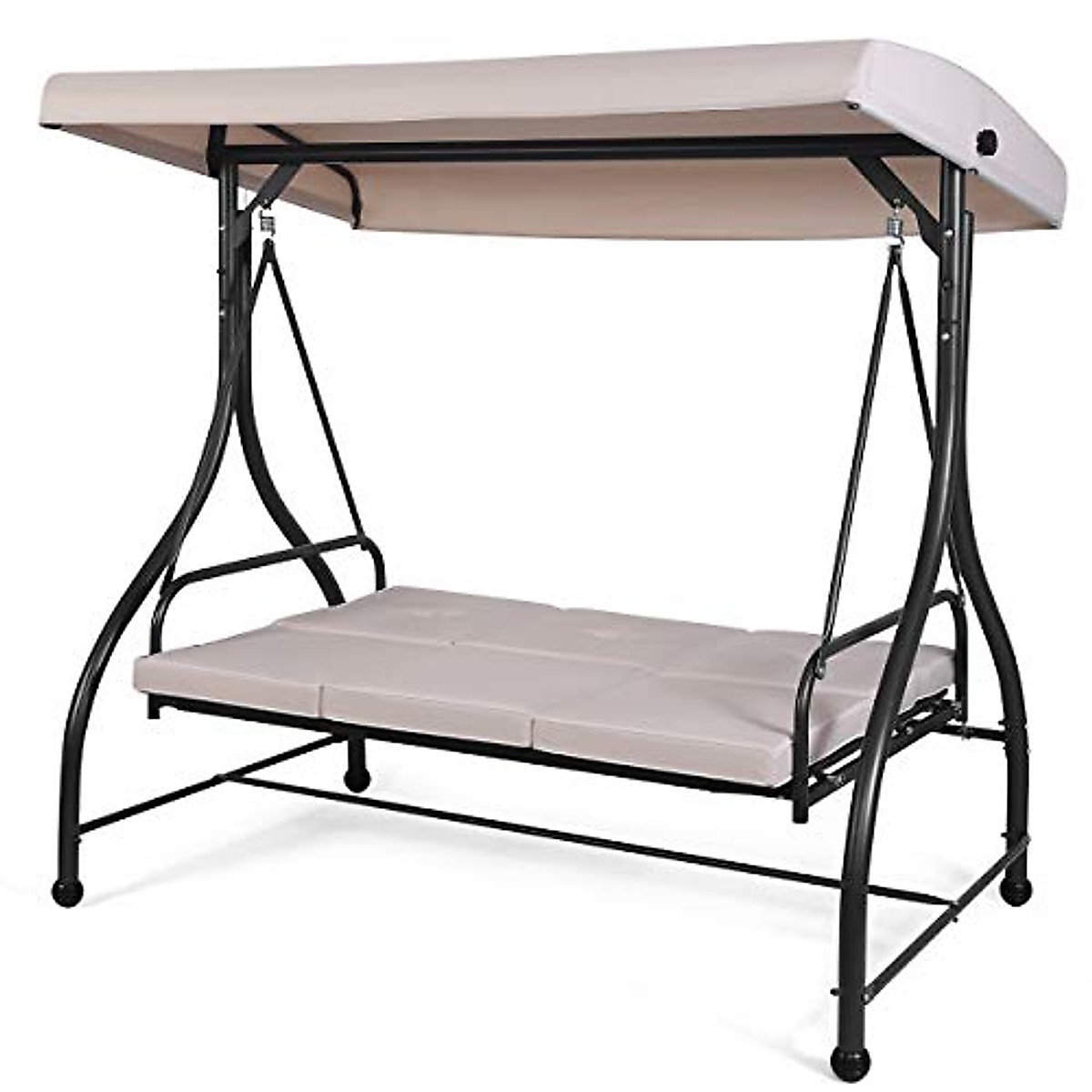 Tangkula 3 Seats Converting Patio Swing, Outdoor Porch Garden Canopy Swing with Comfortable Cushion Seats & Adjustable Tilt Canopy, Heavy Duty Hammock 3 Persons Porch Swing (Beige)