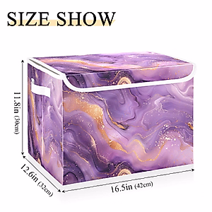 YETTASBIN Purple Marble Storage Basket with Lid and Handles, Large Collapsible Fabric Storage Bins Sturdy Storage Organizer for Shelves, Closet, Bedroom, School, Office, Home Decor